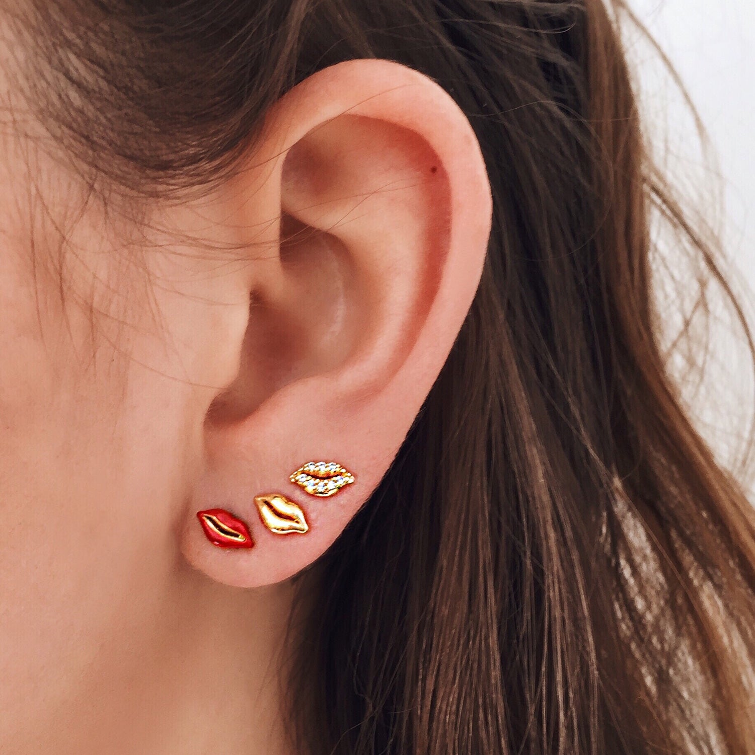 Lip Mismatched Studs in Red, Gold & Pavé - Set of 3 Stacking Studs – Au ...